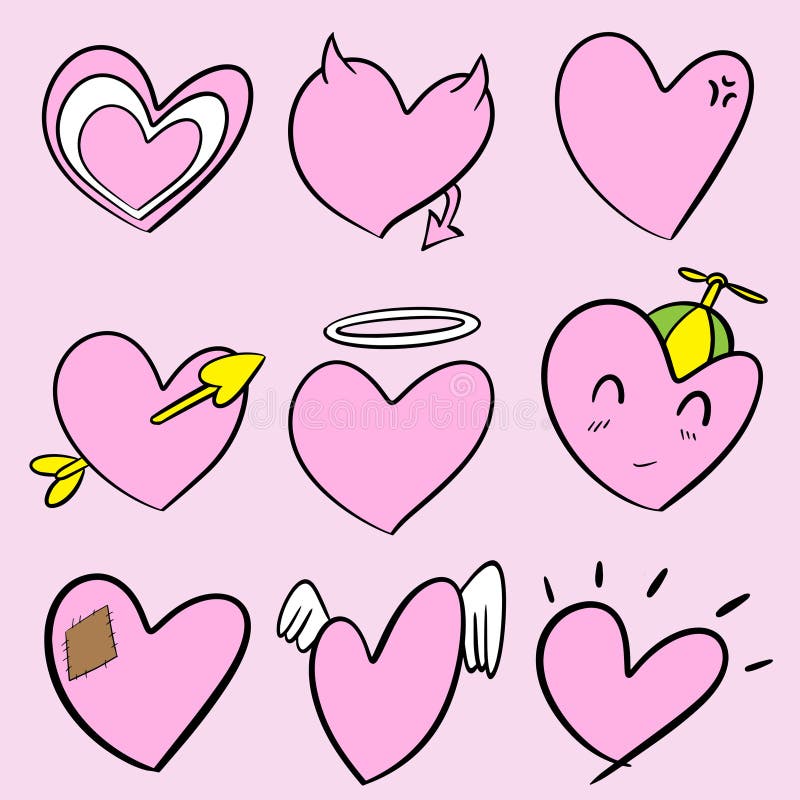 The Pink Heart Drawing Bundle Set for Love Emotion Concept Stock Vector ...