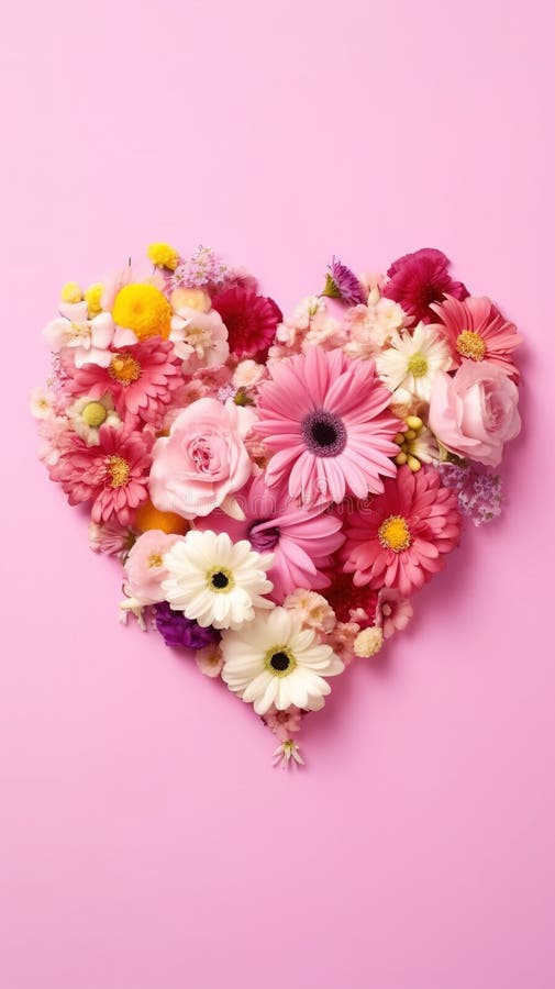Pink Heart Made of Flowers. Heart Shape Made of Spring Flowers on Pink ...