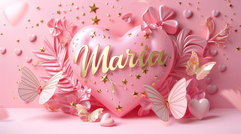 Pink Heart, with the Name Maria Inscribed, Surrounded by Butterflies ...