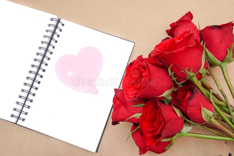 Pink Heart Paper on Open Notebook with Red Roses Stock Image - Image of ...