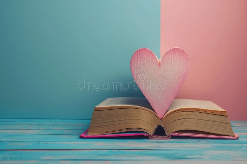 Pink Heart Shape Over Open Book on Blue Wooden Table Stock Illustration ...