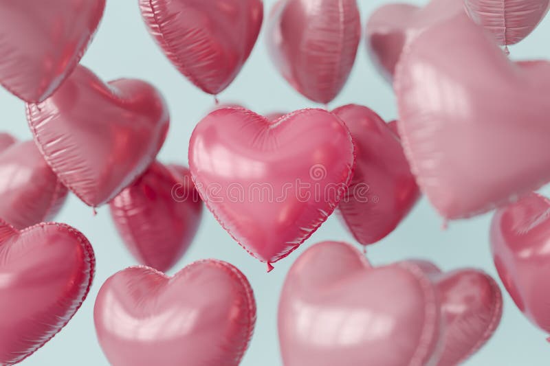 Pink Heart Shaped Balloons Floating on Light Blue Background Stock ...