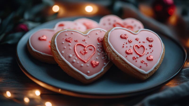 Pink Heart-Shaped Cookies on a Plate Stock Illustration - Illustration ...