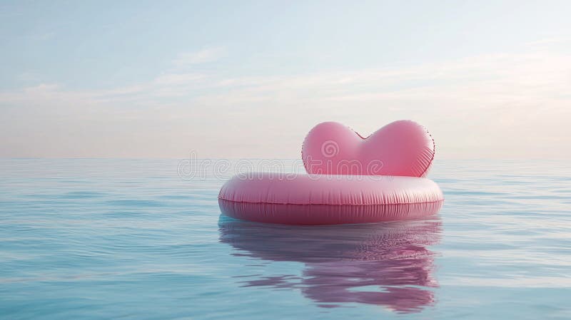Pink Heart-shaped Pool Float on Calm Ocean, Clear Sky, Soft Clouds ...
