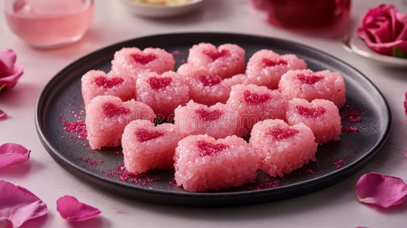 Pink Heart Shaped Rice Treats on Dark Plate Stock Illustration ...