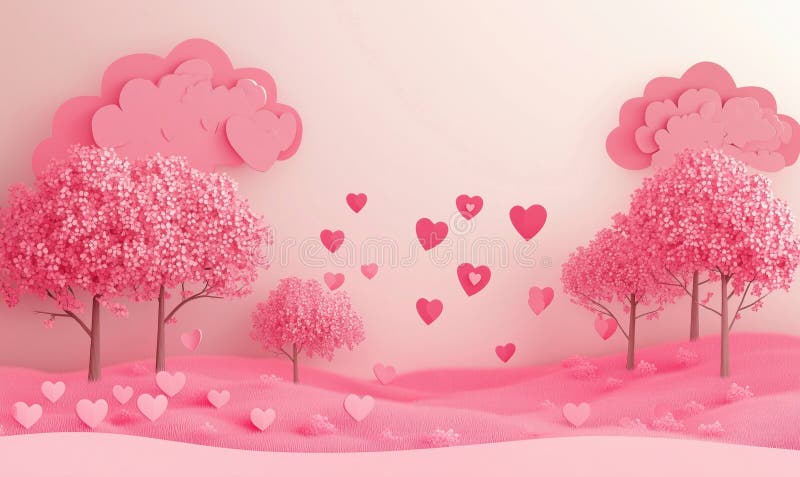 Pink Heart Shaped Trees Clouds Whimsical Landscape Floating Hearts ...