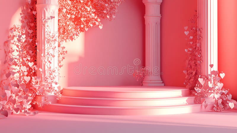 Pink Heart-Shaped Vines Envelop Elegant Columns & Stage, Romantic ...