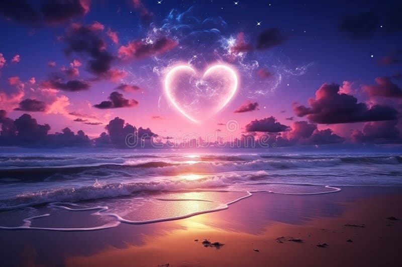 Pink Heart in the Sky Over the Sea. Romantic Landscape. Generated by ...