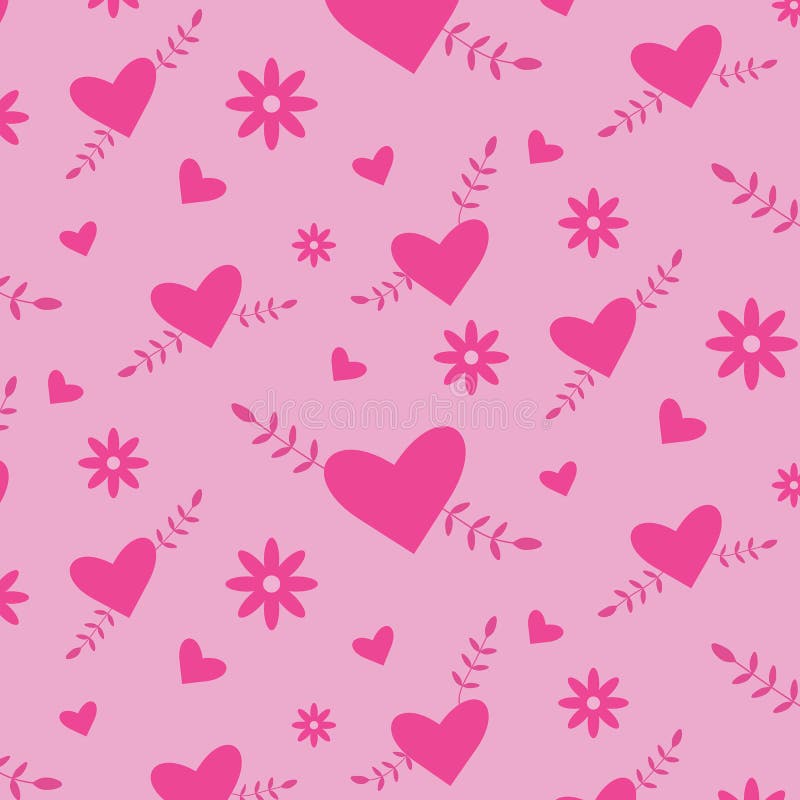 Cute Pink Hearts Vector Seamless Pattern with Leaves and Flowers on ...