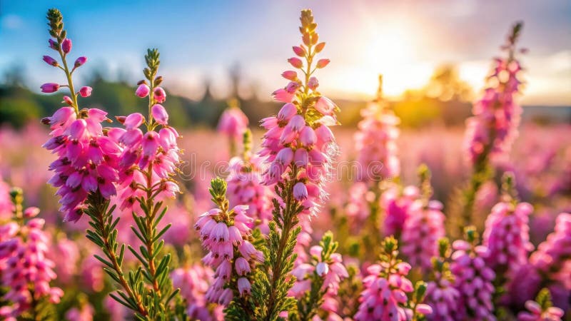 Pink Heather Blossoms Illuminated by Golden Hour Sunlight. Generative ...