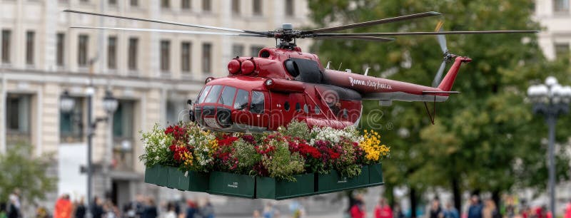 A Pink Helicopter Carries Boxes of Roses As it Flies Over Square during ...