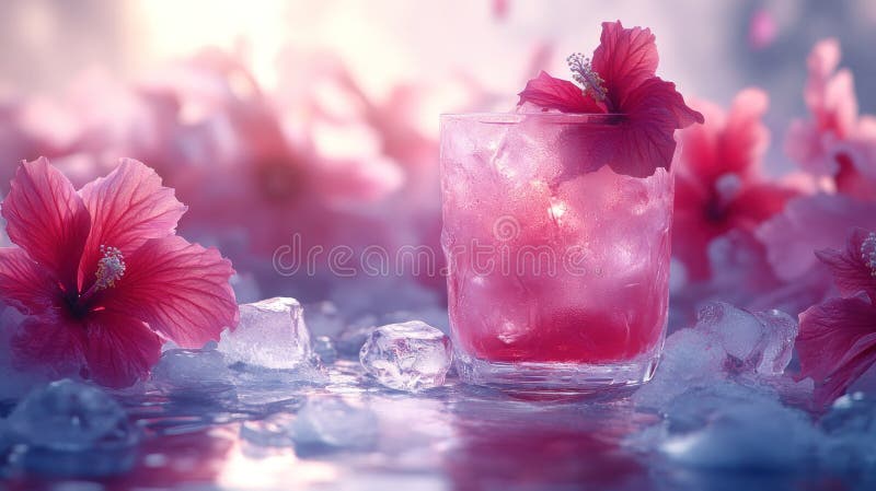 Pink Hibiscus Cocktail, Ice, Floral Stock Illustration - Illustration ...