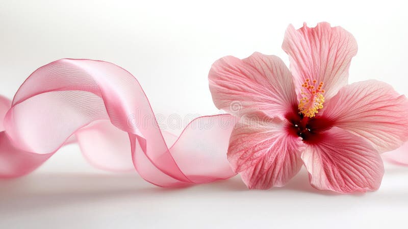Pink Hibiscus Flower with Delicate Pink Ribbon on White Background ...
