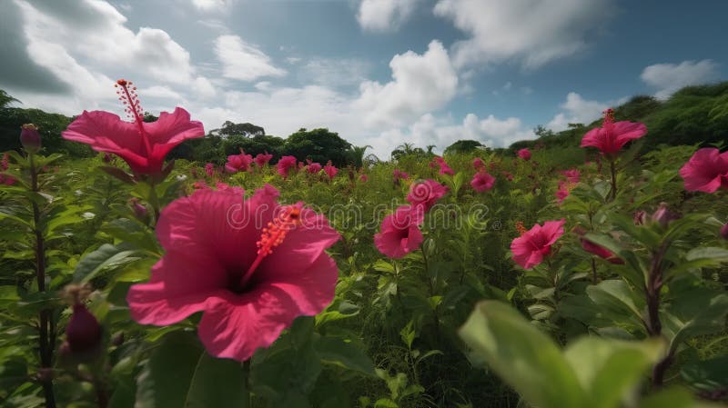 Pink Hibiscus Flower in the Field with Blue Sky Background Stock ...