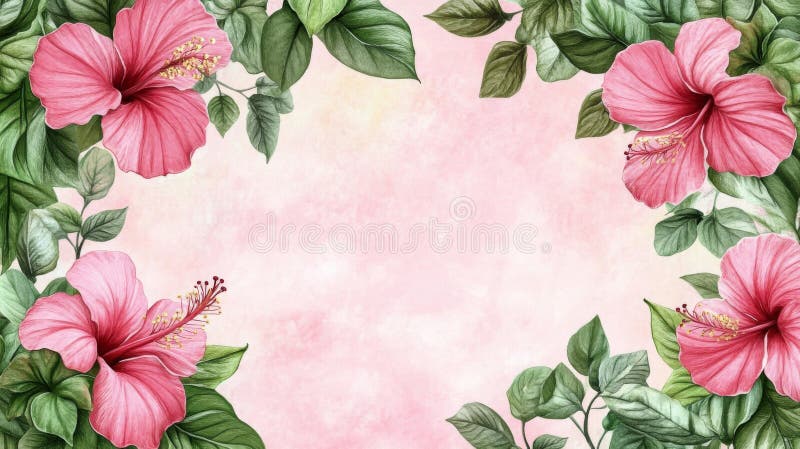 Pink Hibiscus Watercolor Floral Frame Stock Illustration - Illustration ...