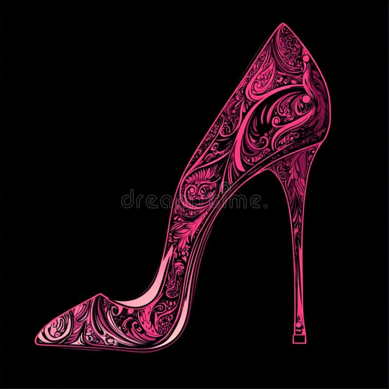 Pink High Heel Shoe with Pattern on Black Background Stock Illustration ...