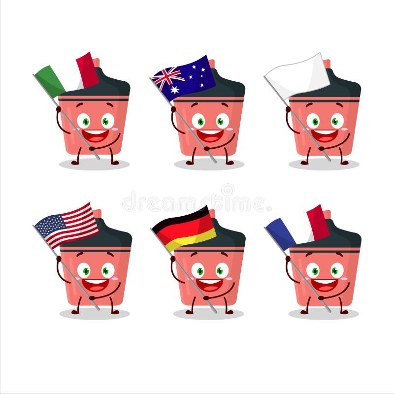 Pink Highlighter Cartoon Character Bring the Flags of Various Countries ...