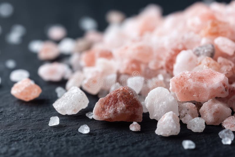 Pink Himalayan Salt Crystals Resting Dark Stone Surface Stock Photos ...