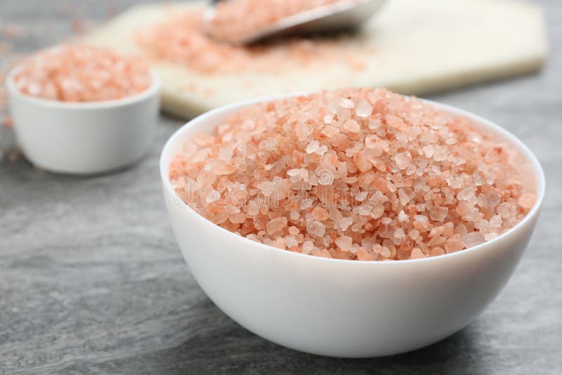 Pink Himalayan Salt on Grey Table, Closeup Stock Photo - Image of cook ...