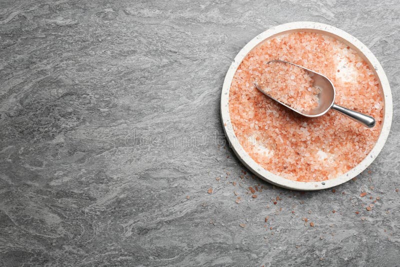 Pink Himalayan Salt on Grey Table, Top View. Space for Text Stock Image ...