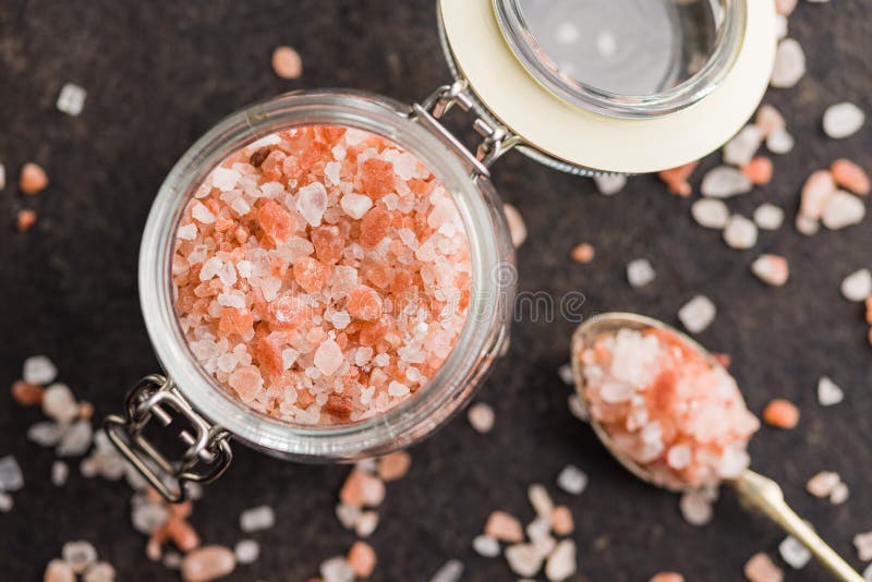 Pink Himalayan Salt in Jar on Black Table. Top View Stock Image - Image ...