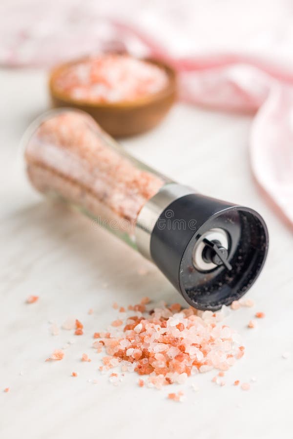 Pink Himalayan Salt on Kitchen Table Stock Photo - Image of rough ...