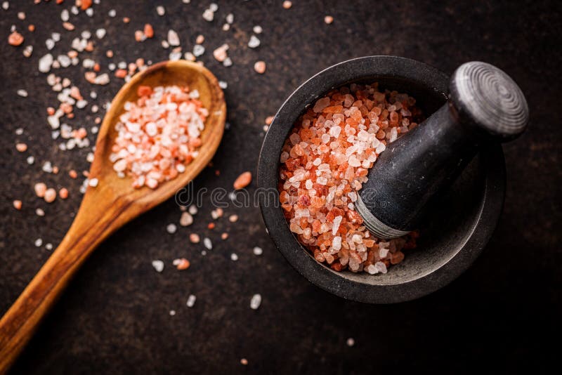 Pink Himalayan Salt in Mortar. Top View Stock Photo - Image of food ...