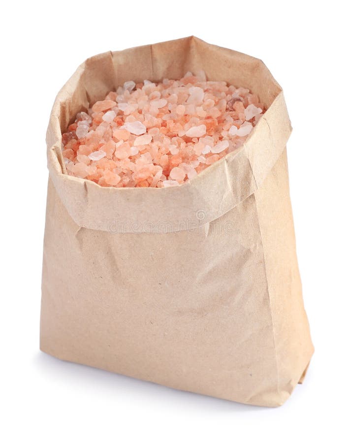 Pink Himalayan Salt in Paper Bag Isolated on White Stock Photo - Image ...