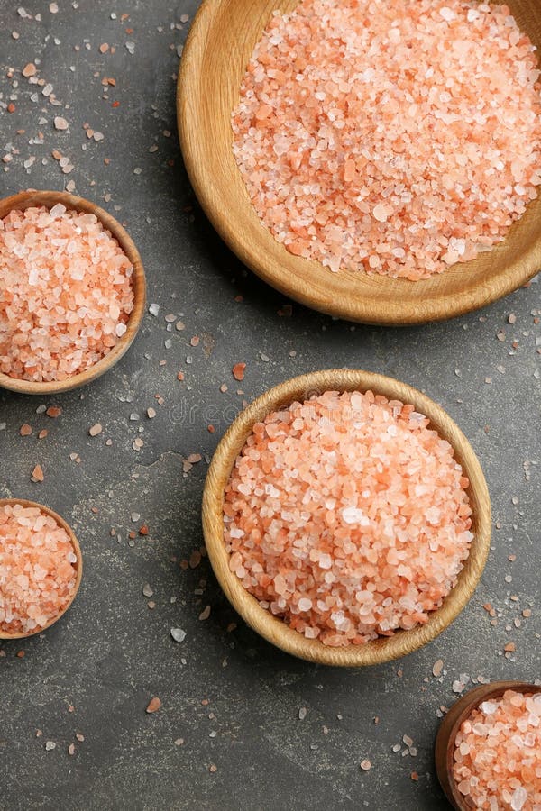 Pink Himalayan Salt in Wooden Bowls on Grey Table, Flat Lay Stock Image ...