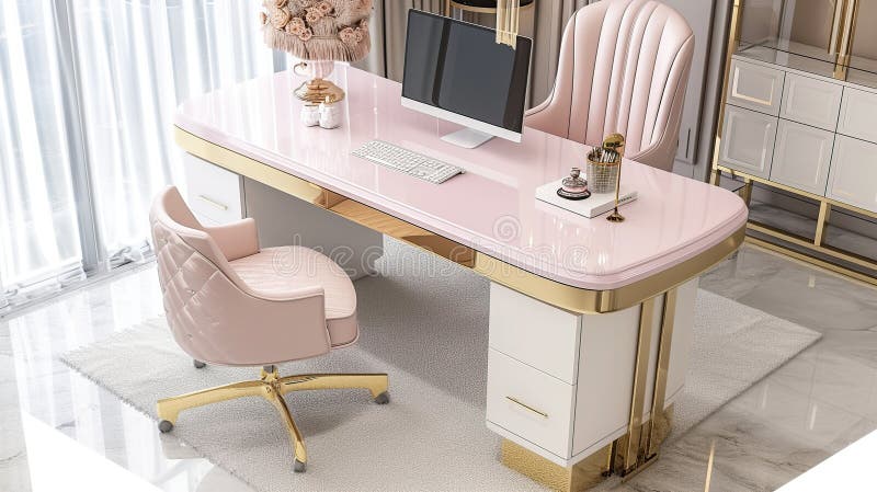 Pink Home Office Desk in the Style of Light White and Light Gold ...