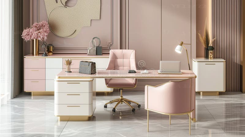 Pink Home Office Desk in the Style of Light White and Light Gold ...