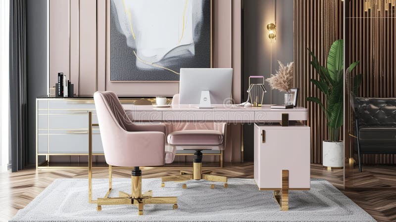 Pink Home Office Desk in the Style of Light White and Light Gold ...