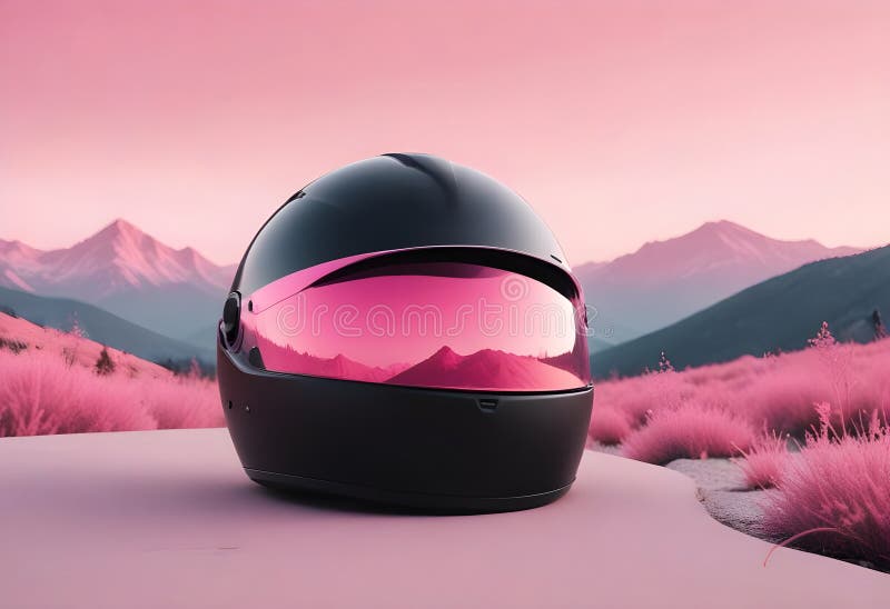 Pink Horizon, Motorcycle Helmet with Reflection Mountain Stock Image ...