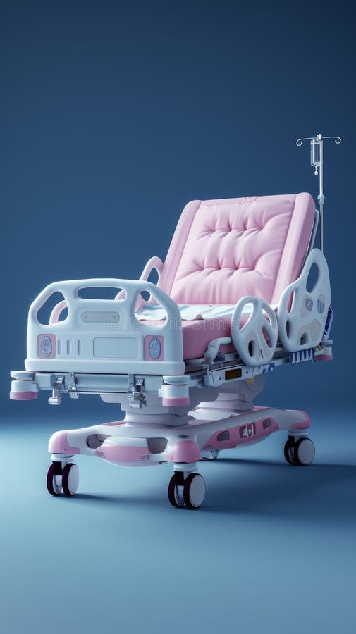 A Pink Hospital Bed with Wheels is Positioned on a Blue Background ...