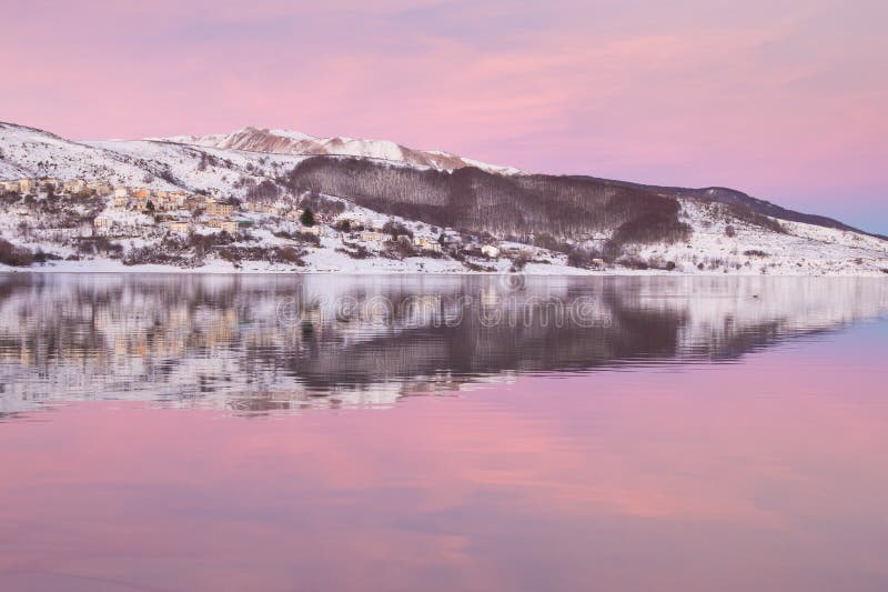 Pink hour in the lake stock photo. Image of tourism, snow - 48525478
