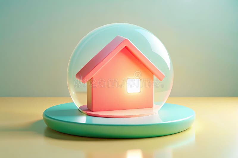 Pink House Protected Inside Transparent Bubble on Platform. Smart Home ...