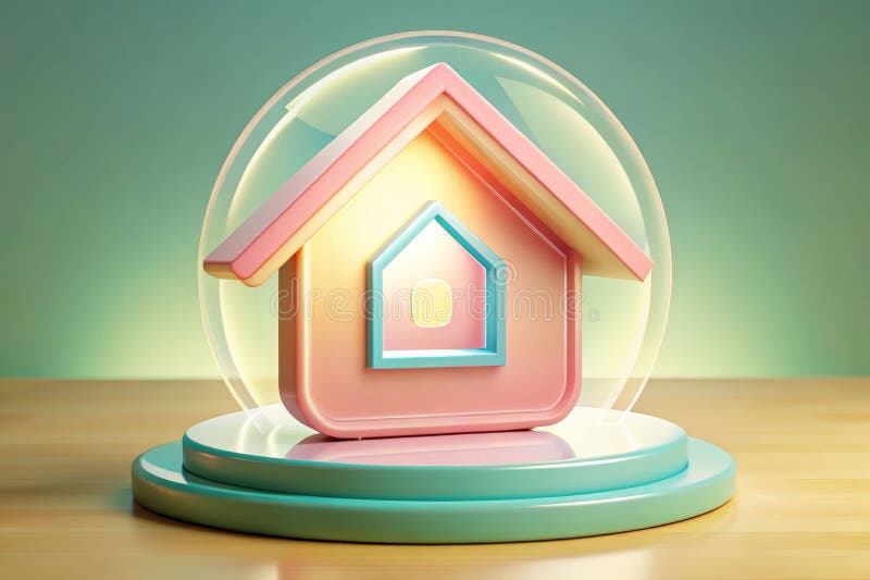 Pink House Protected Inside Transparent Bubble on Platform. Smart Home ...