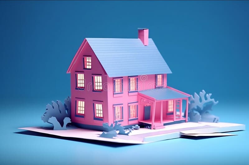 Pink house on top of paper stock photo. Image of artistic - 314957774