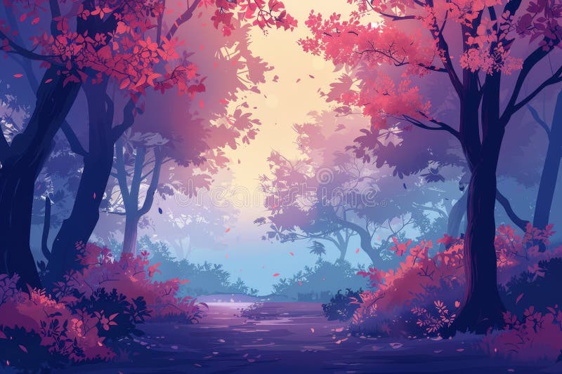 Pink-hued Forest Pathway in Soft Light Stock Illustration ...