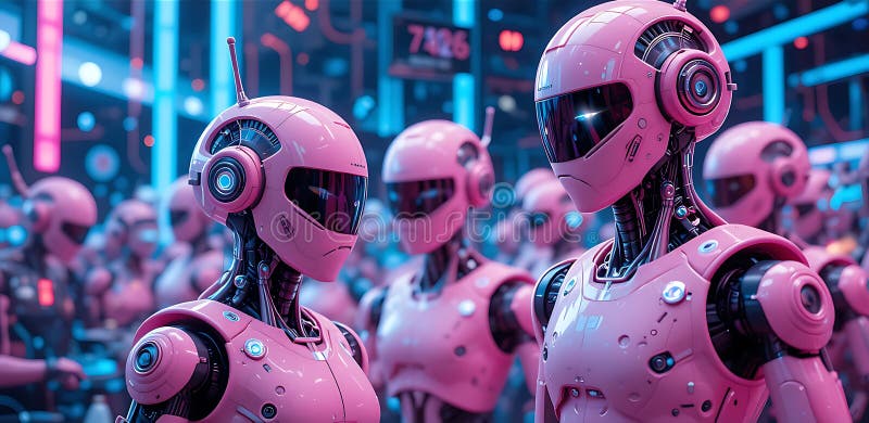 Pink Humanoid Robots in a Neon-lit, High-tech Environment. AI Robots ...