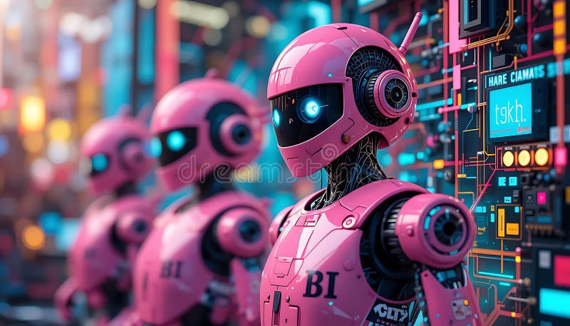 Pink Humanoid Robots in a Neon-lit, High-tech Environment. AI Robots ...