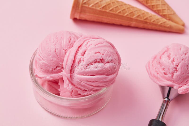 Pink ice cream balls stock image. Image of desert, waffle - 221928275