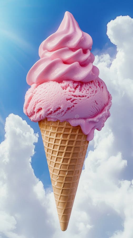 Pink Ice Cream Cone Against Blue Sky with Clouds Stock Photo - Image of ...