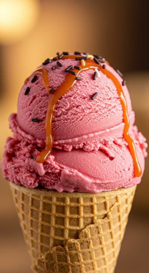 Pink Ice Cream Cone with Caramel and Sprinkles Stock Illustration ...