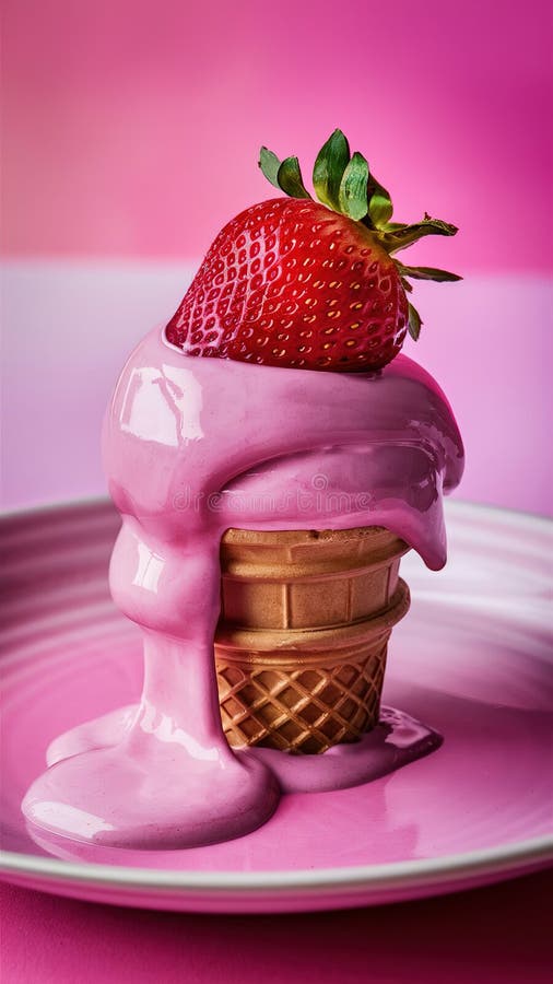 A Pink Ice Cream Cone with Pink Ice Cream Dripping Down it Stock ...