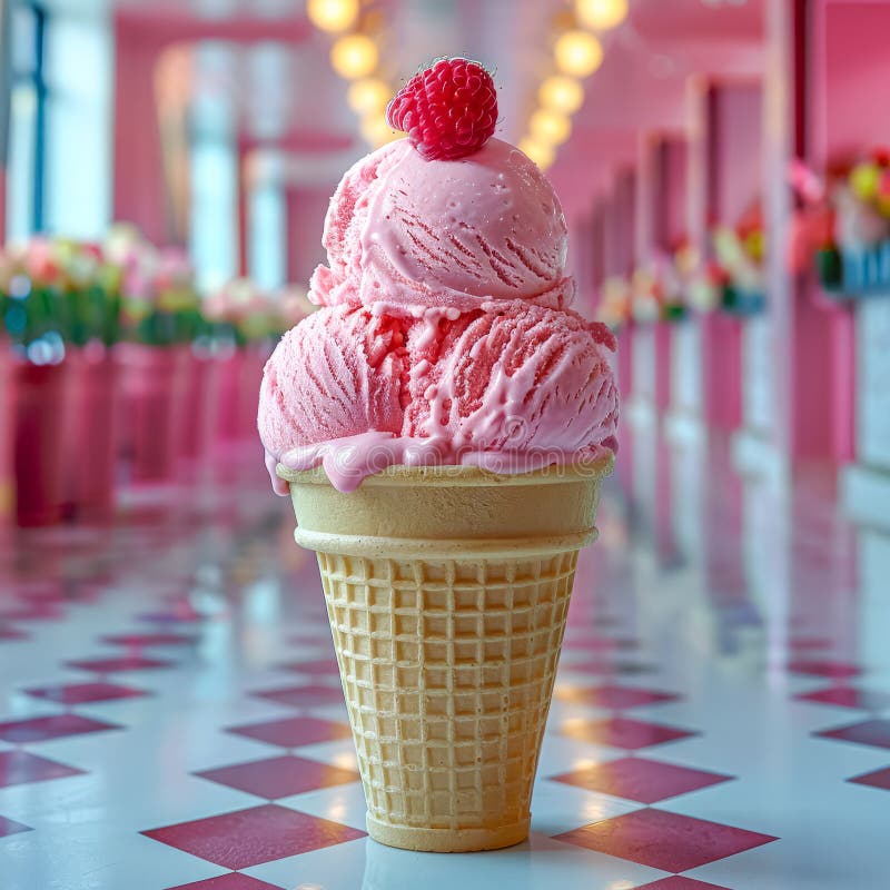 A Pink Ice Cream Cone with a Raspberry on Top Stock Photo - Image of ...