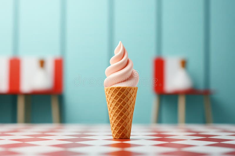 Pink Ice Cream Cone on Checkered Table Stock Illustration ...