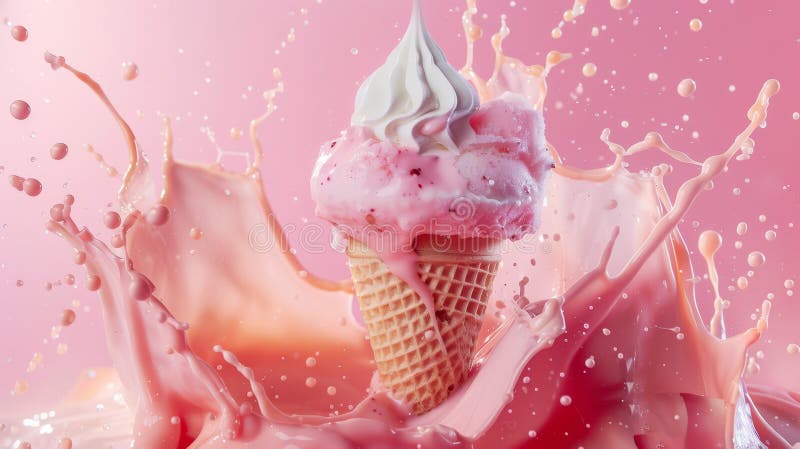 Pink Ice Cream Cone with Splash Effect Stock Photo - Image of delicious ...