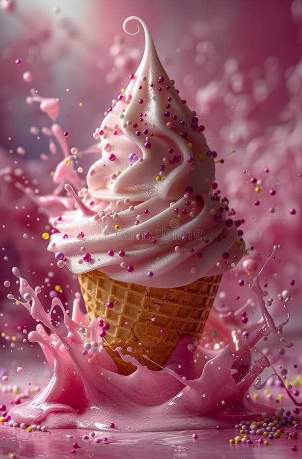 A Pink Ice Cream Cone with Sprinkles and Splashes Stock Image - Image ...