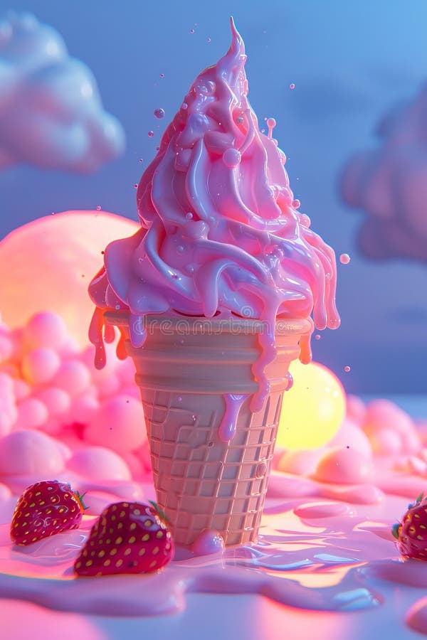 A Pink Ice Cream Cone with Strawberries and Bubbles Stock Image - Image ...